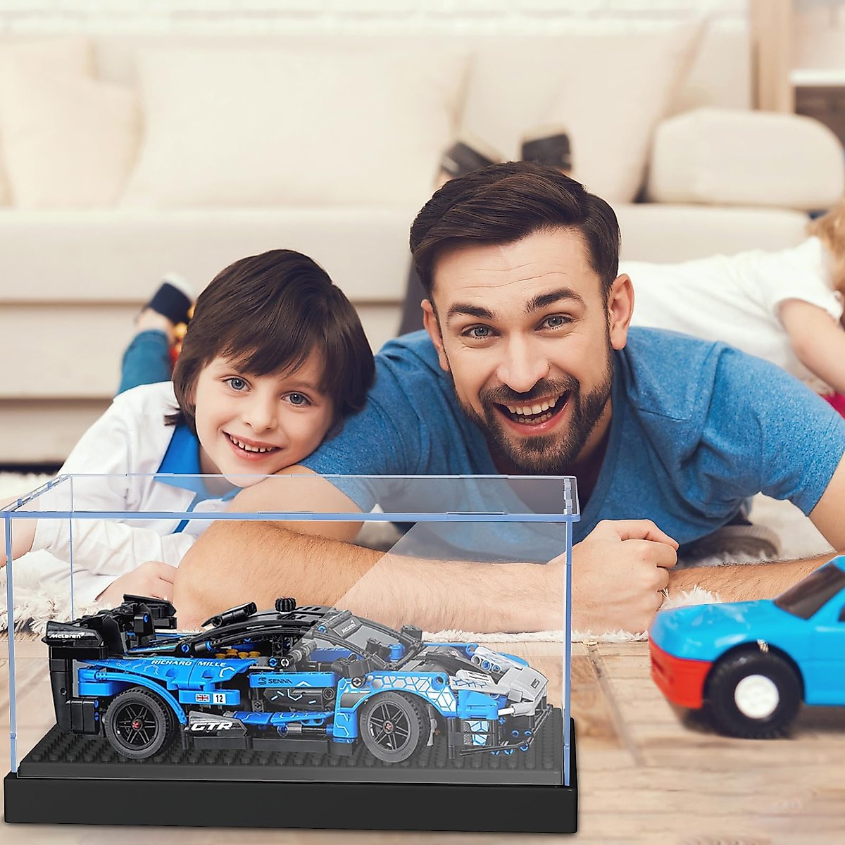 KKU Display Case for Minifigure Action Figures Blocks, Acrylic Minifigure Display Case Box Storage with 3 Movable Steps Gift for Kids Adults (Black, 1 Pack)