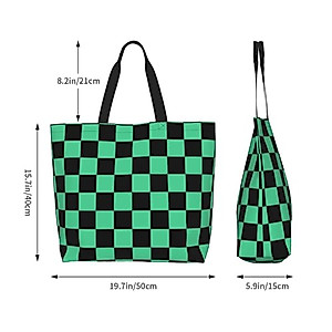 TWKGBUAD Classic Green and Black Plaid Print Reusable Shoulder Shopping Bag - Large Capacity Tote Bag with Inner Pocket for Women Men