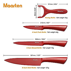Maarten Kitchen Knives Set - 4 Piece Stainless Steel Chef Knife Set with Sheath - Boxed Knife Sets Gifts for Family (Red)