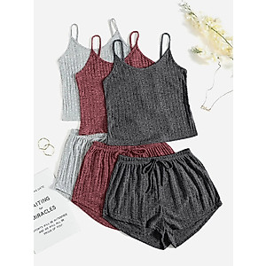 GORGLITTER Women's 3 Sets Ribbed Pajamas Set Sleeveless Crop Top and Tie Front Shorts Lounge Set Sleepwear Loungewear Grey Red Dark Grey Small
