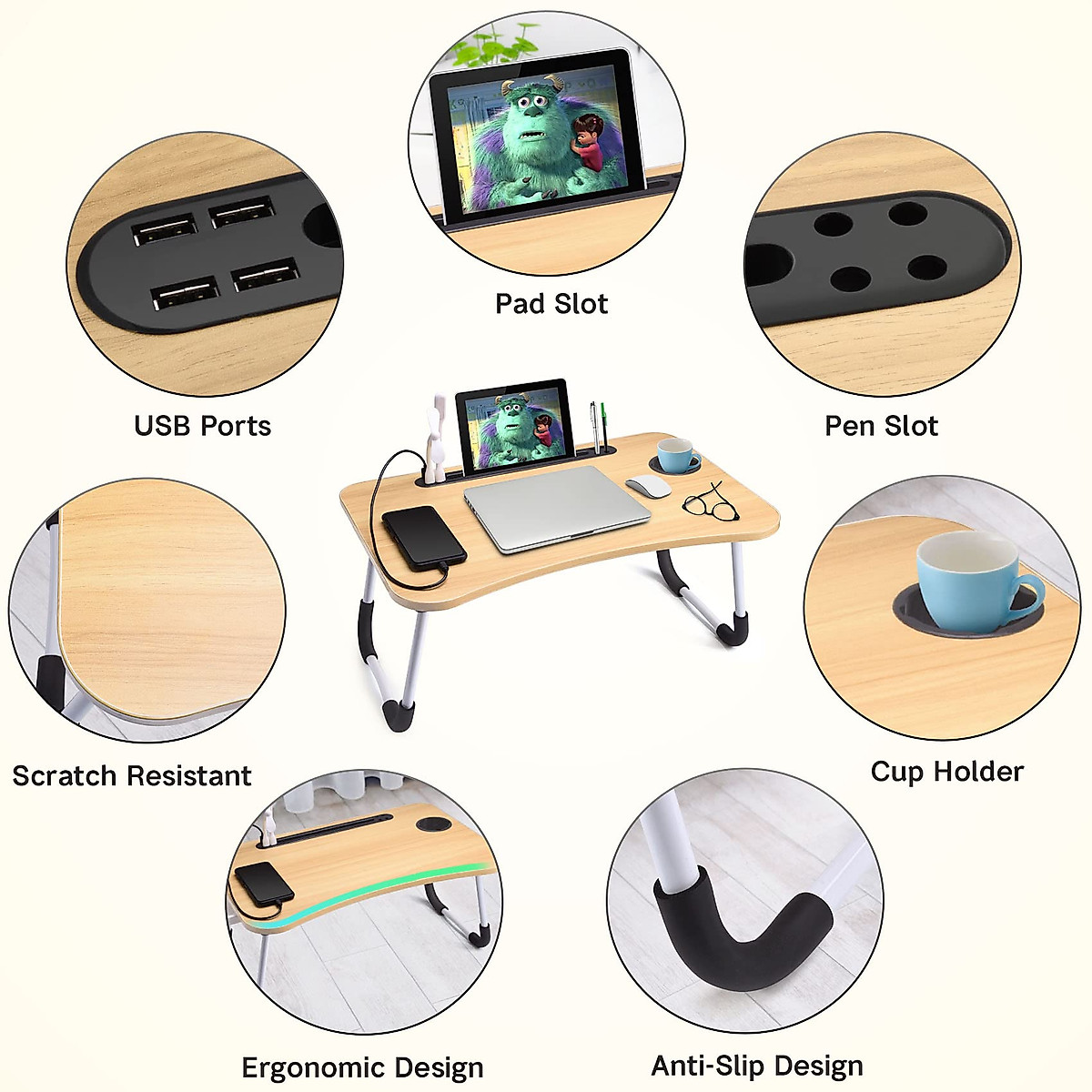 Slendor Laptop Desk Foldable Bed Table Folding Breakfast Tray Portable Lap Standing Desk Notebook Stand Reading Holder for Bed/Couch/Sofa/Floor