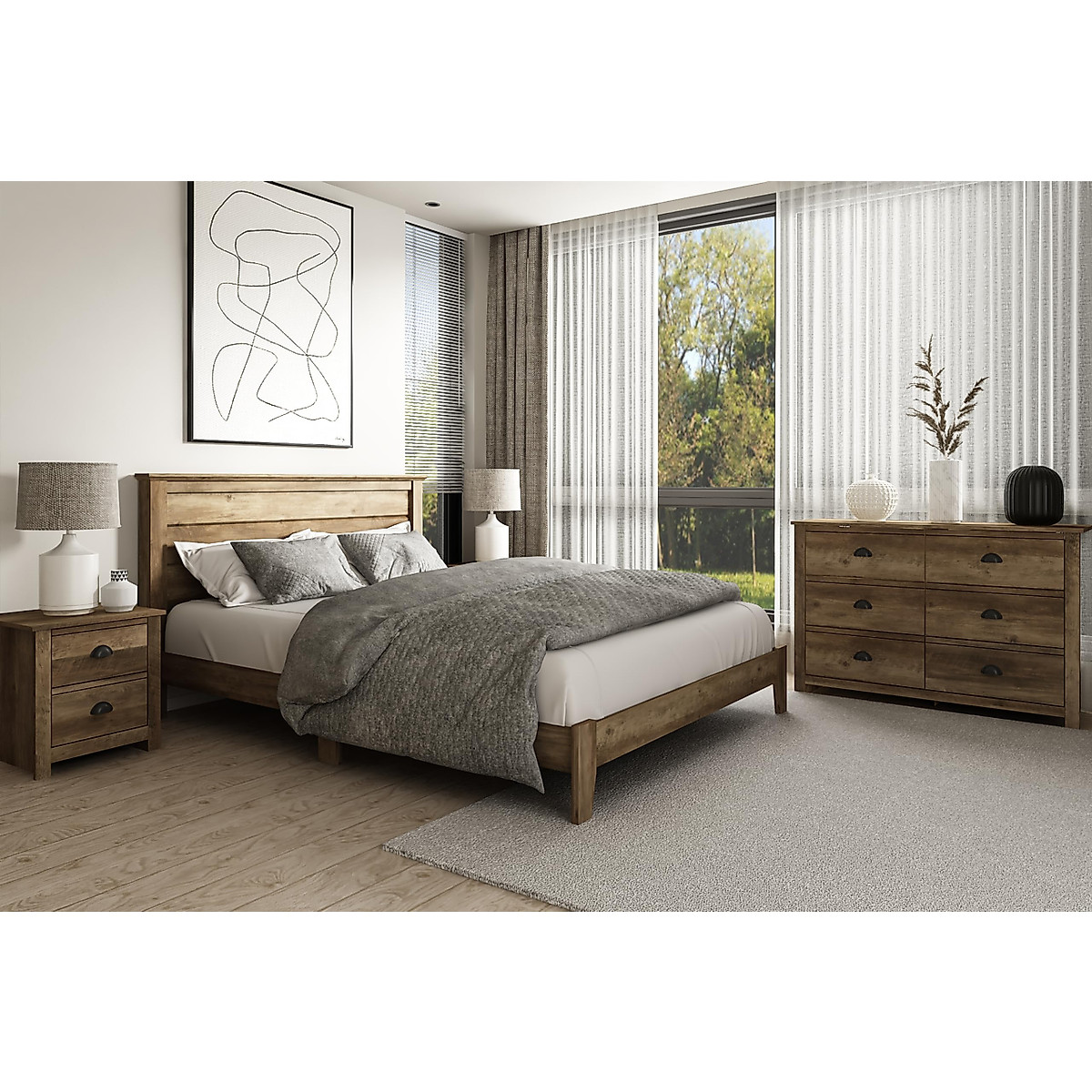 Galano Tiena Wood Platform Queen Bed Frame with Headboard, Mattress Foundation with Wood Slat Support, No Box Spring Needed, 64.17" L x 85.31" W x 40.16" H, Knotty Oak