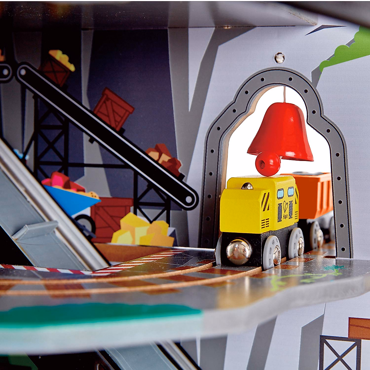 Hape Wooden Railway Mighty Mountain Mine Railway Playset| 4-Level Railway Train Track Playset with Crane and Magnetic Train Cars for Kids