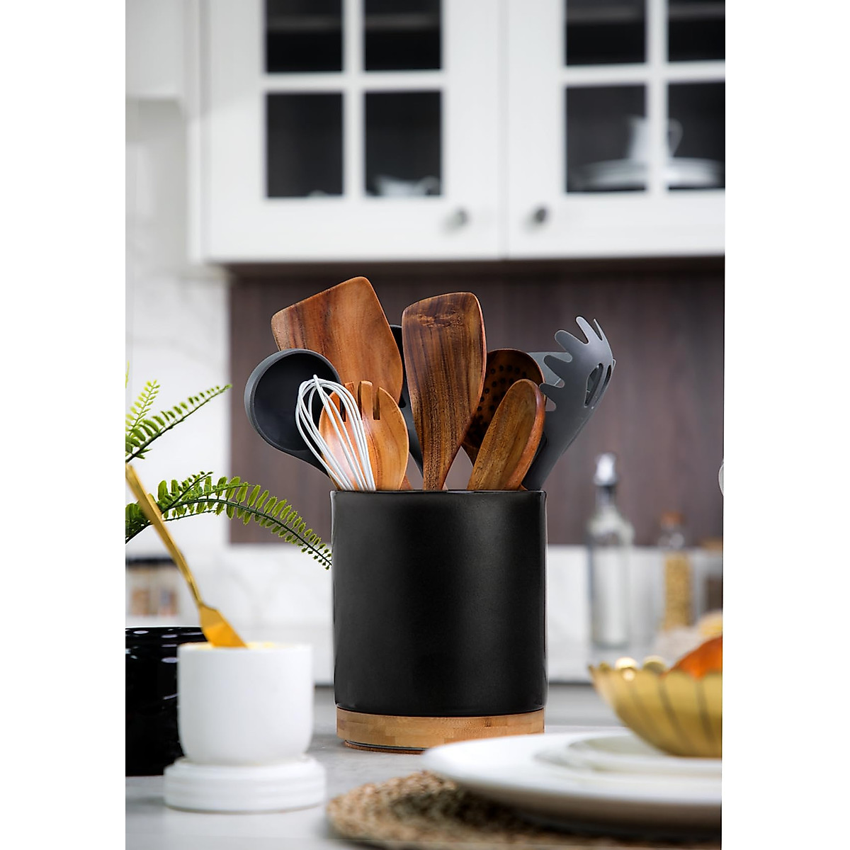 Nucookery 360°Rotating Utensil Holder, 7.2" Kitchen Utensil Crock, Ceramic Cooking Utensil Organizer with Countertop-Protection Cork Bottom for Farmhouse Kitchen Decor Christmas (Stone Black)