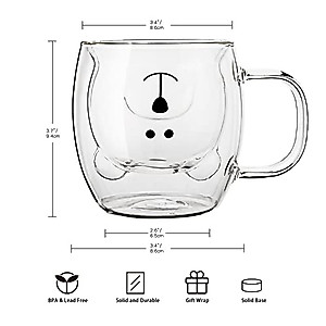 Cute Bear Mugs Set of 2 Cute Bear Tea Cup 8.5 oz Double Wall Glass Milk Coffee Bear Mug with Handle Insulated Espresso Beer Cup Cute Birthday Gifts for Women Men (2 Pack, Pink Lake Green)