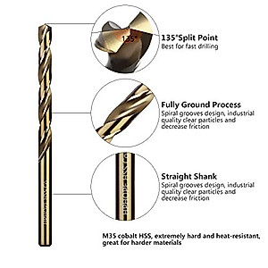 3/16 Inch Cobalt Drill Bits(10Pcs), HPHOPE M35 HSS Metal Twist Drill Bits Set, Jobber Drill Bits Length and Straight Shank, Suitable for Drilling in Hard Metal, Stainless Steel, Cast Iron