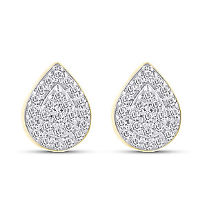 Wishrocks 1/10 Round Cut White Natural Diamond Pear Halo Studs Earrings for Women with Push Back in 14k Yellow Gold Over 925 Sterling Silver (0.10 Cttw, I-J/I2-I3) Gift Jewelry for Her
