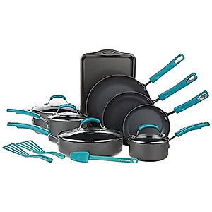 Rachael Ray Classic Brights Hard Anodized Nonstick Cookware Pots and Pans Set, 15 Piece - Agave Blue