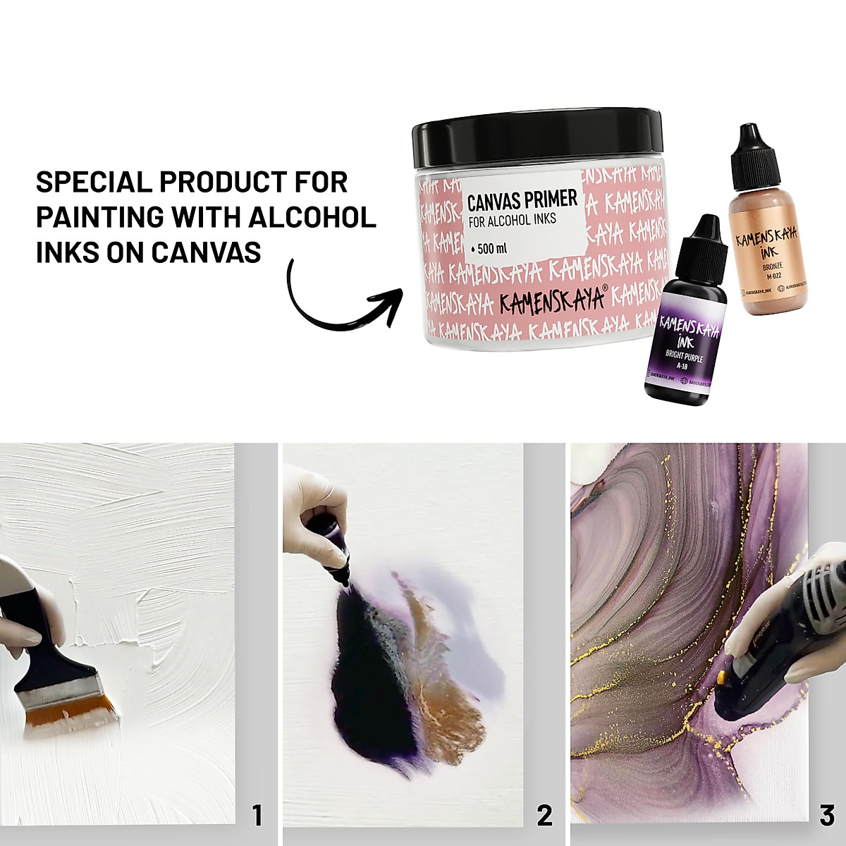 Kamenskaya White Acrylic Gesso Primer for Alcohol Ink Painting on Canvases,16.9 fl oz (500 ml)