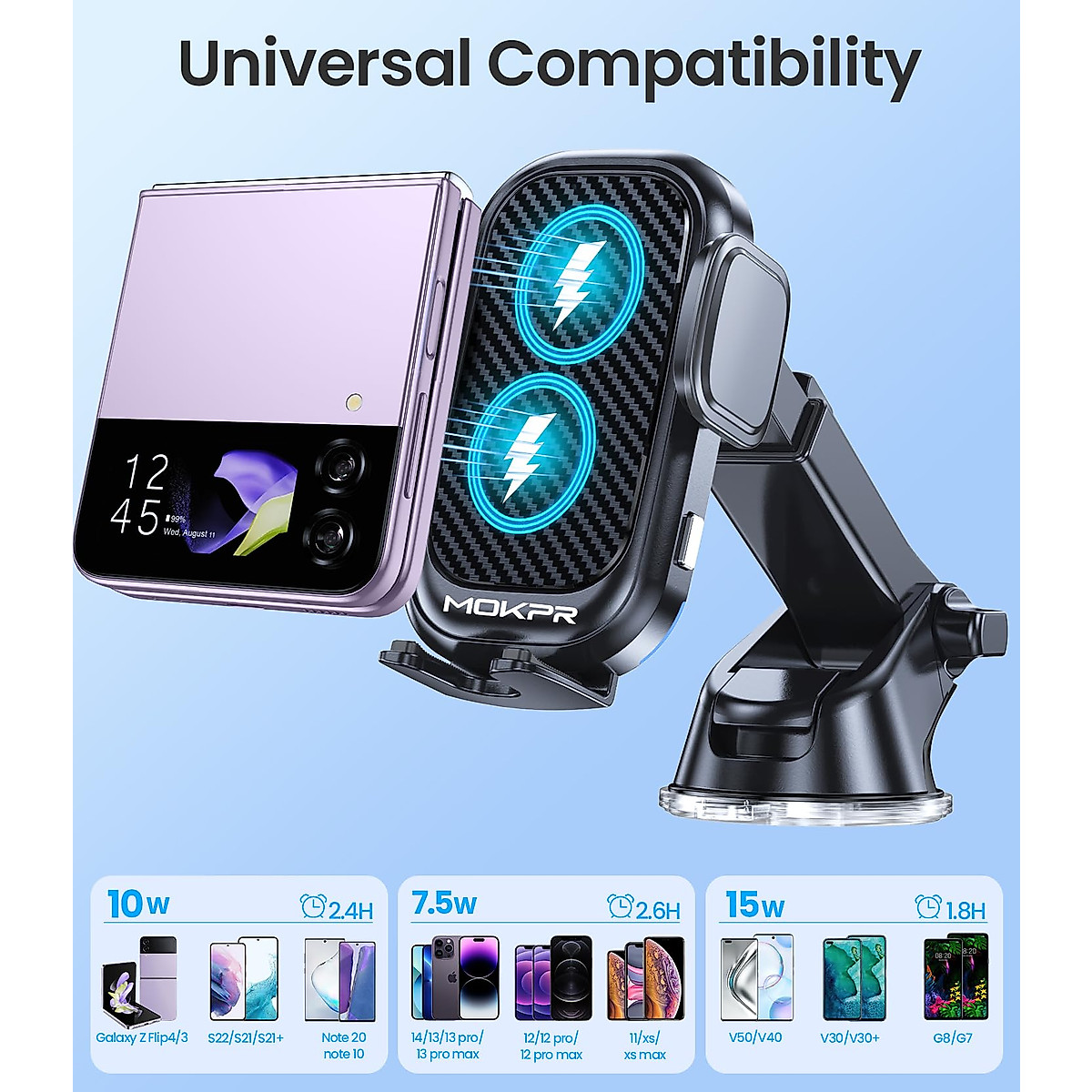 MOKPR Wireless Car Charger, 𝟮𝟬𝟮𝟯 𝗡𝗲𝘄 Dual Coils Phone Mount for Car Wireless Charger, Dash Windshield Air Vent Automatic Phone Holder Fast Charging for Samsung Z Flip 5/4/3 Galaxy S23 iPhone 15
