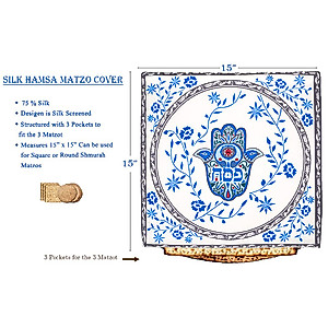 Aviv Judaica Artistic Hamsa Design Silk Passover Matzo Cover & Afikoman Bag Set for the Pesach Seder Passover Decorations