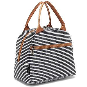 FlowFly Lunch Bag Tote Bag Lunch Organizer Lunch Holder Insulated Lunch Cooler Bag for Women/Men,White&Black Stripe
