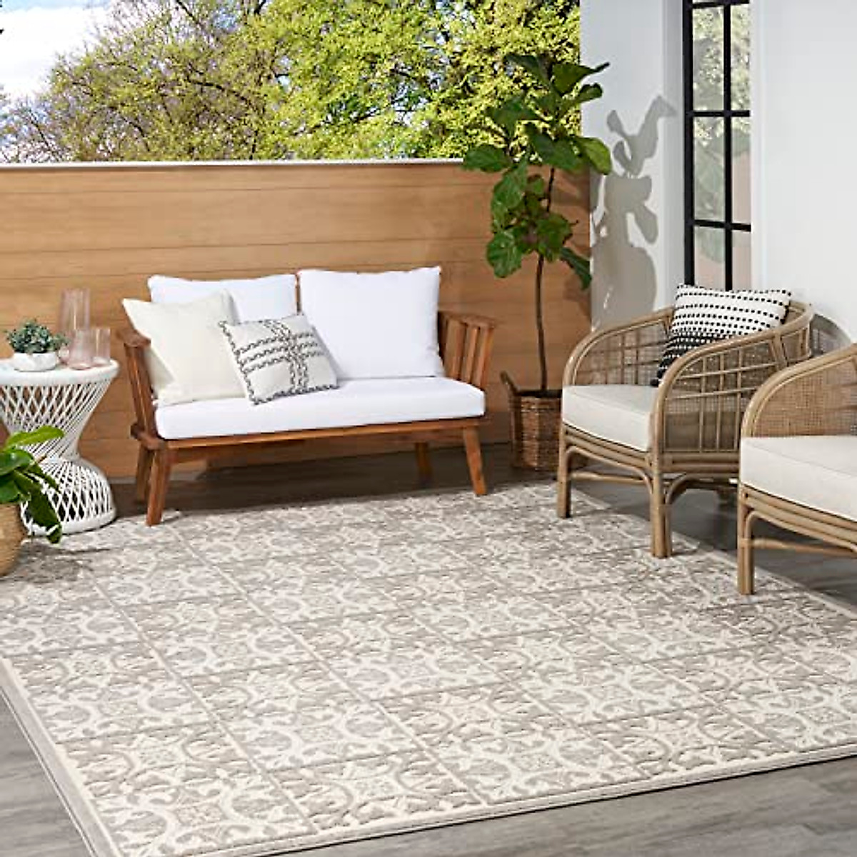 Nourison Aloha Indoor/Outdoor Ivory/Grey 7' x 10' Area -Rug, Easy -Cleaning, Non Shedding, Bed Room, Living Room, Dining Room, Deck, Backyard, Patio, High Traffic (7x10)
