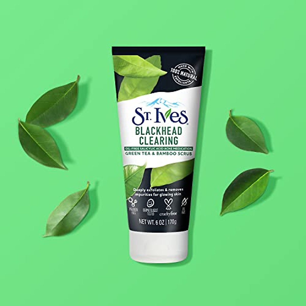 St. Ives Blackhead Clearing Face Scrub, Clears Blackheads & Unclogs Pores, Green Tea & Bamboo, Salicylic Acid Acne Treatment Facial Scrub, Moderate Exfoliator with Natural Exfoliants 6 oz, 6 Pack