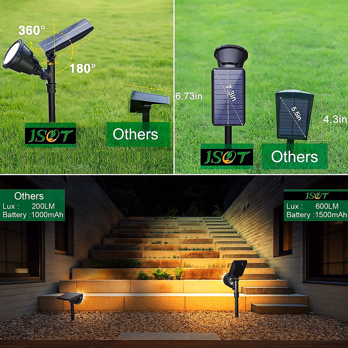 JSOT 600 Lumen Bright Solar Lights Outdoor Waterproof,Solar Powered Landscape Spotlights Solar Walkway Lighting for Backyard Garden Pathway Driveway Path Wall Patio Decor Warm White 4 Pack