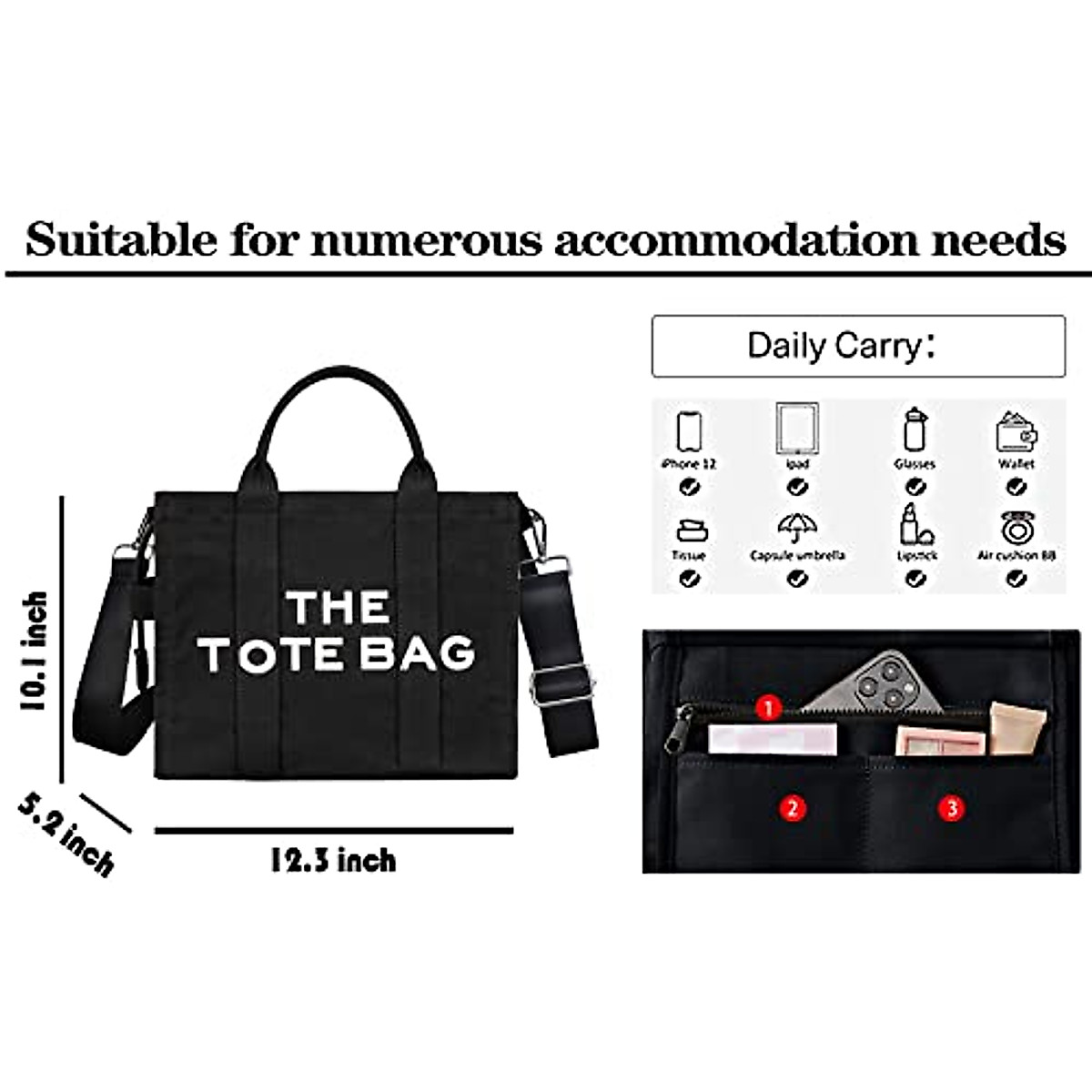 hehpck Canvas Tote Bags for Women Crossbody Bag Handbag Tote Women Handbag Purse with Zipper for Office, Travel, School