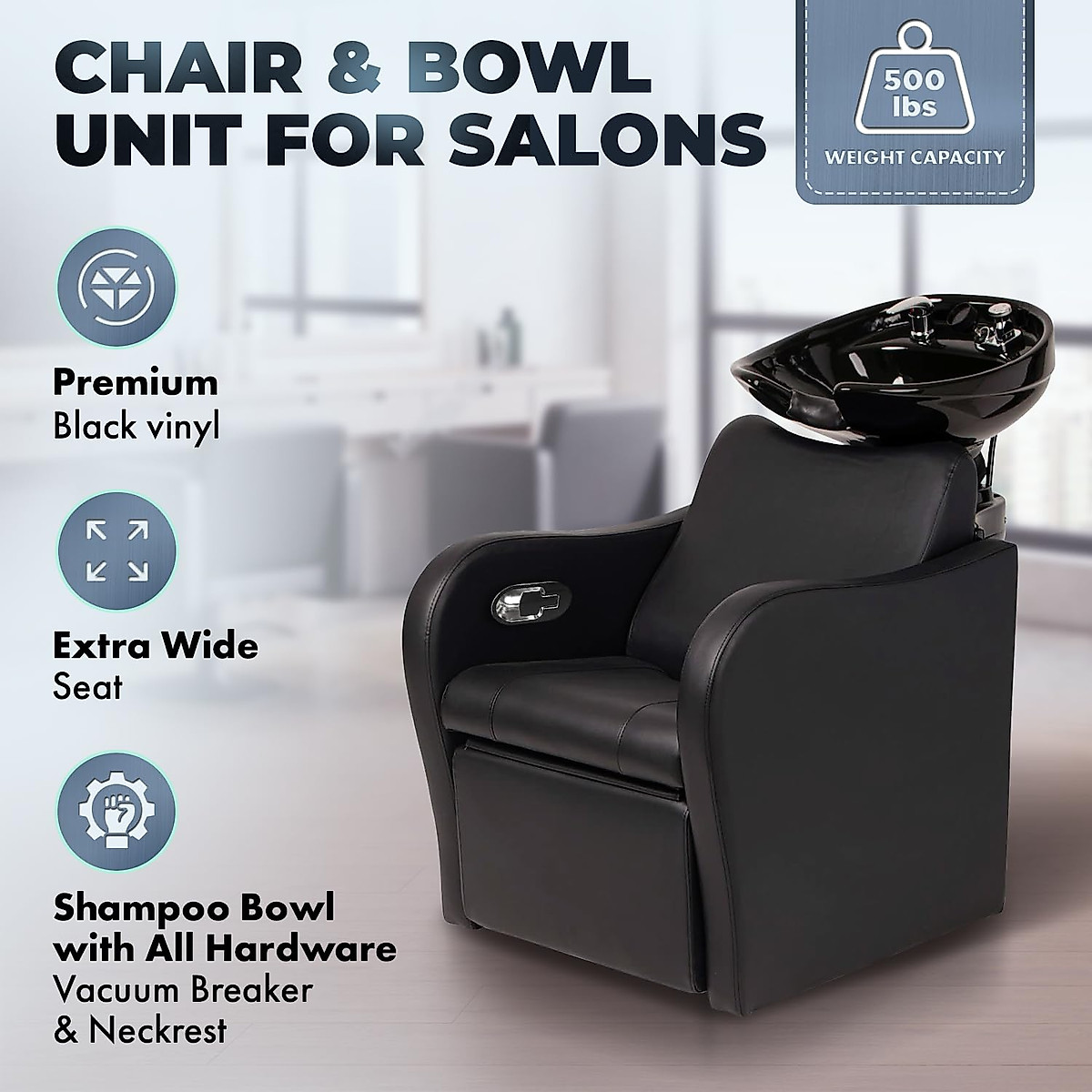 Buy-Rite Lexus Backwash Unit - Salon Shampoo Chair & Tilting Porcelain Shampoo Bowl, European Style Single Handle Faucet, Extra Wide Seat and Kick-Out Leg Rest, TS-8018B (Black)