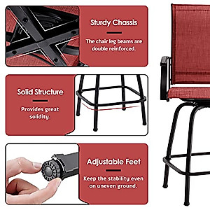 PIAOMTIEE Outdoor Swivel Bar Stools Set of 2, Bar Height Patio Chairs with High Back and Armrest, All Weather-Resistant Textilene Outside Dining Chairs for Garden Lawn Deck, Red
