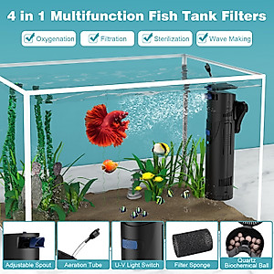 FishCheers Aquarium Filter for 25-198 Gal Fish Tanks, Green Killing Machine with 9W U-V Light Small Fish Tank Filters, Maximum Flow 185 GPH Submersible Aquarium Filter