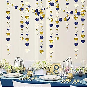 52Ft Navy Blue Gold Love Heart Garland Royal Blue Gold Hanging Streamer Banner for Anniversary Mother's Day Valentines Day Bachelorette Engagement Wedding Bridal Baby Shower Birthday Party Decorations