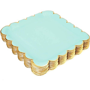 Sparkle and Bash Mint Green Square Paper Plates, Gold Foil Scalloped Edge (9 In, 48 Pack)