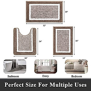 Pauwer Bathroom Rugs Sets 3 Piece Bathroom Shower Rugs with U-Shaped Contour Toilet Mat Absorbent Microfiber Plush Bath Mats Non Slip Bath Rugs Machine Washable Shaggy Bathroom Floor Mats, Coffee