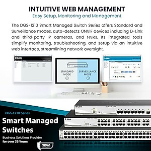 D-Link 10-Port Gigabit Smart Managed PoE+ Switch | 8 PoE+ Ports (130W) + 2 SFP Ports | L2+ | VLANs | Web Managed | Surveillance Mode | Desktop or Rackmount | Fanless | NDAA Compliant (DGS-1210-10MP)