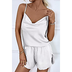 CHYRII White Pajamas for Women Sexy Silk Satin Cowl Neck Cami Shorts PJ Sets Lingerie Nightwear L