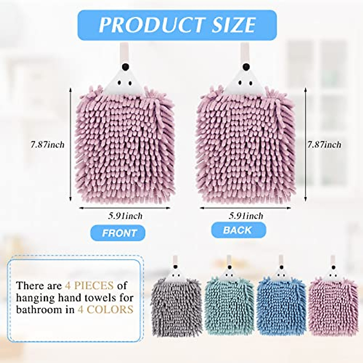Kinlop 4 Pcs Chenille Hand Towels with Loop Cute Hedgehog Microfiber Hand Towels Absorbent Small Hanging Chenille Hand Towel for Drying Hand Bath Kitchen Washstand Powder Room, 4 Colors