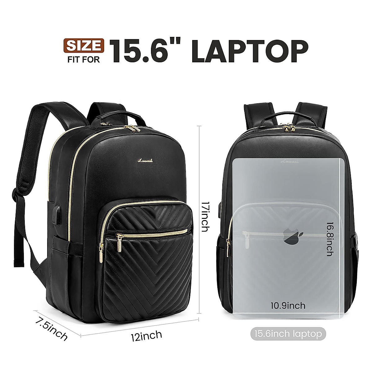 LOVEVOOK Laptop Backpack for Women, Faux PU Leather Quilted Backpack Purse, Business Computer Travel Work Bags, Nurse Backpack for Work, Fits 15.6-Inch Laptop, Black