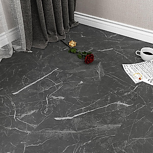 WESTICK Grey Black Marble Peel and Stick Floor Tile Vinyl Flooring Peel and Stick Bathroom Floor Tiles Waterproof Non-Slip Flooring Tile Sticker for Kitchen Bedroom RV 5 PCS 12" x 12"