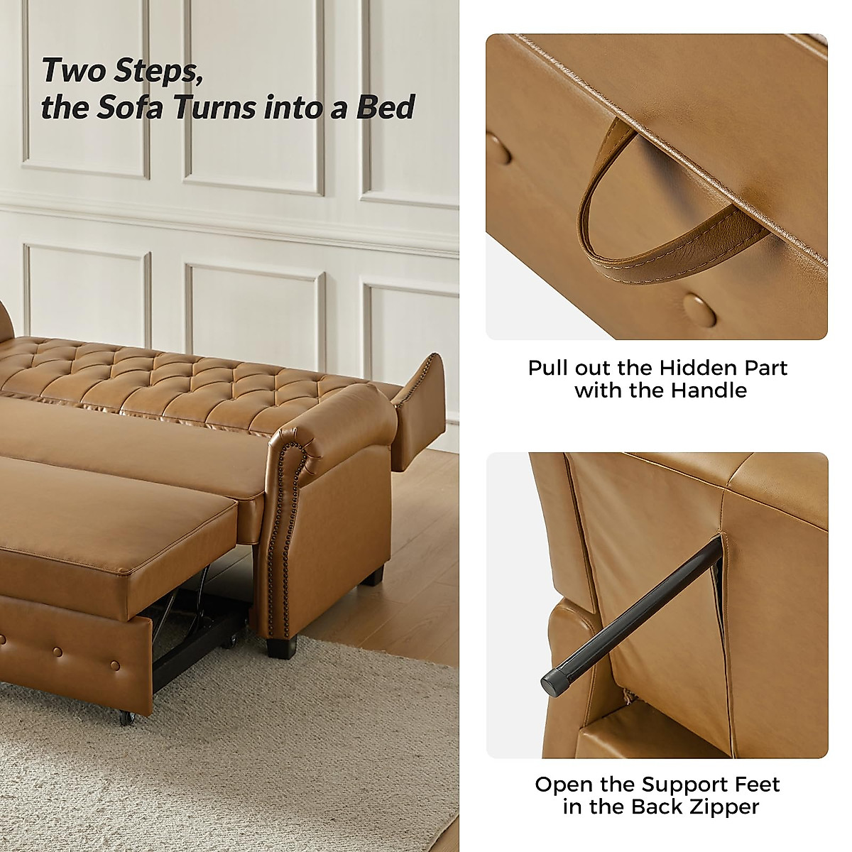 HULALA HOME 74" Leather Couch with Pull Out Bed, Convertible Sofa Bed Couch with Nailhead Arms and Tufted Back, Sleeper Loveseat Sofa for Bedroom Small Spaces, Living Room, Office, Camel