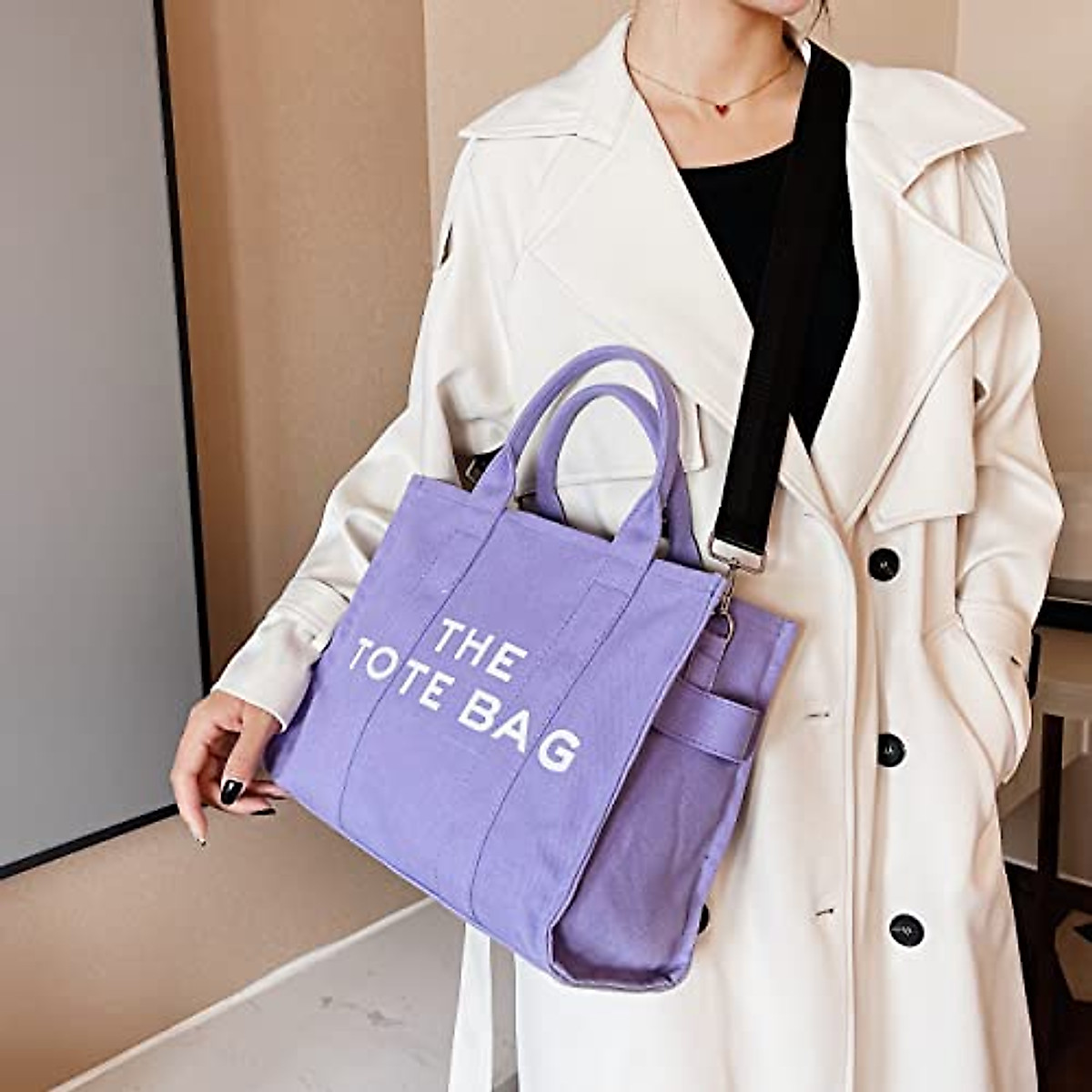 JQAliMOVV Canvas Tote Bag for Women - Medium Travel Tote Bag Purse with Zipper Fashion Shoulder Crossbody Bag Handbag (Purple)