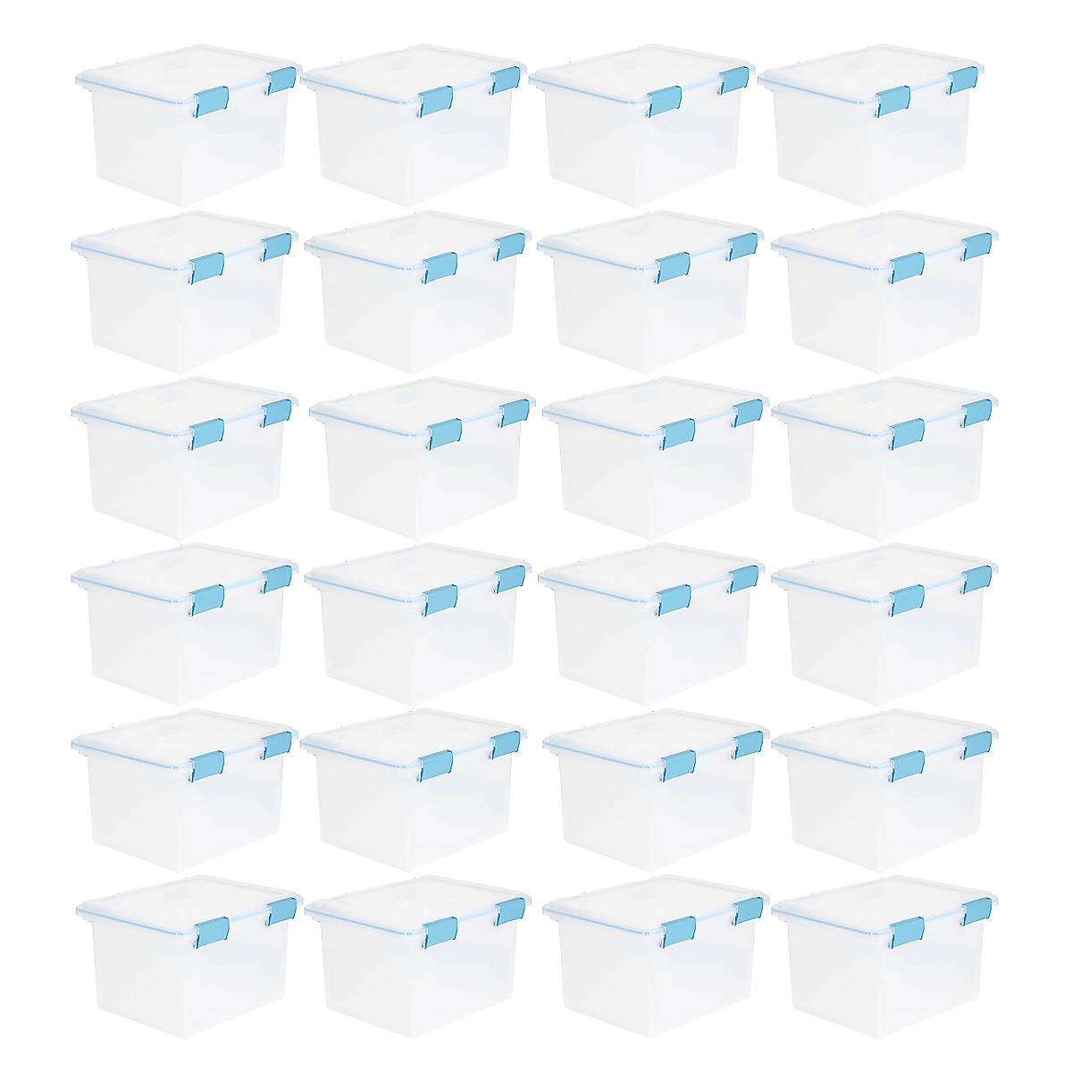 Sterilite 32 Quart Stackable Clear Plastic Storage Tote Container with Blue Gasket Latching Lid for Home and Office Organization, Clear (24 Pack)