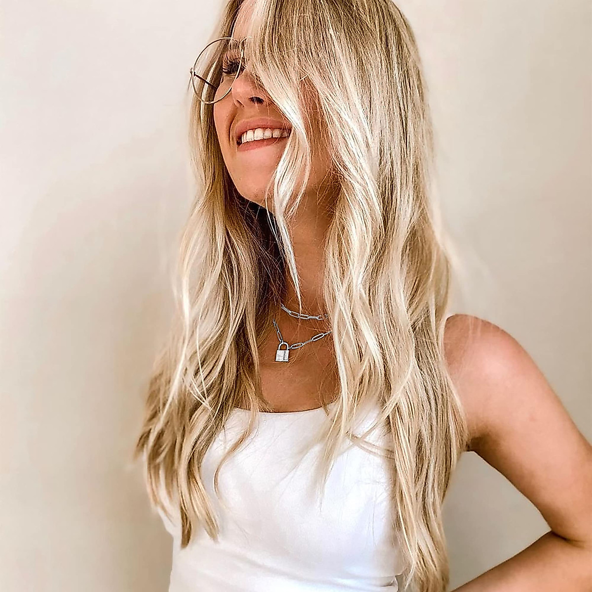 BOUTIQUELOVIN Layered Necklace for Women Silver Paperclip Link Chain Necklace with Lock Pendant Set of 2 Necklaces