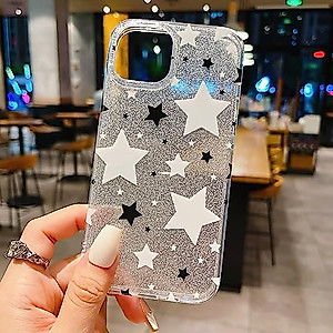 HYUEKOKO Compatible with iPhone 13 Case Bling Glitter White Black Stars Case for Women Girls, Slim Hard Back Clear Phone Case Cover for iPhone 13 6.1''