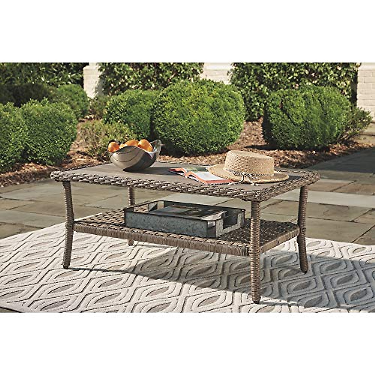 Signature Design by Ashley Clear Ridge Outdoor Wicker Coffee Table with Rust Free Aluminum Base, Light Brown