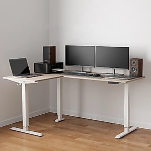 FEZIBO Triple Motor L-Shaped Electric Standing Desk, Height Adjustable Stand up Corner Desk, 63 Inches Sit Stand Workstation with Splice Board, White Frame/Light Walnut Top