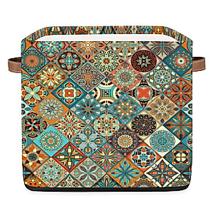 Aglebo Floral Mandala Colorful Storage Basket Collapsible Fabric Storage Box 13x13x13 Inches Square Cube Storage Bins with Handles for Home Living Room Closet Shelf Office Bedroom