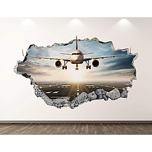 Landing Airplane Wall Decal Art Decor 3D Smashed Airport Plane Sticker Poster Kids Room Mural Custom Gift BL195 (30"W x 18"H)