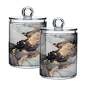 Nander 4Pack Qtip Holder Dispenser -Black Gold Marble Texture Clear Plastic Apothecary Jars Set - Restroom Bathroom Makeup Organizers Containers for Cotton Swab, Ball, Pads, Floss