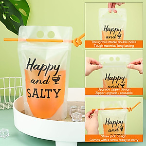 Summer Drink Pouches with Straws Beach Drink Pouches for Adult Translucent Party Beverage Bags Stand up Juice Pouches Plastic Drink Container with Zipper Juice Freezer Bags for Party Favor (30 Sets)