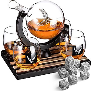 Father's Day Whiskey Decanter Set with 4 Liquor Glasses Air Force Whisky Decanter & Glass Set with Wood Base & 9 Whiskey Stones - US Airforce Gifts for Men - Globe Bourbon & Scotch Gifts for Dad