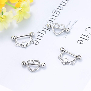 FINREZIO 8 Pairs 14G Nipple Rings 316L Surgical Steel Heart CZ Tongue Barbell Body Piercing Shield Ring Set 5/8 Inches(Silver tone)