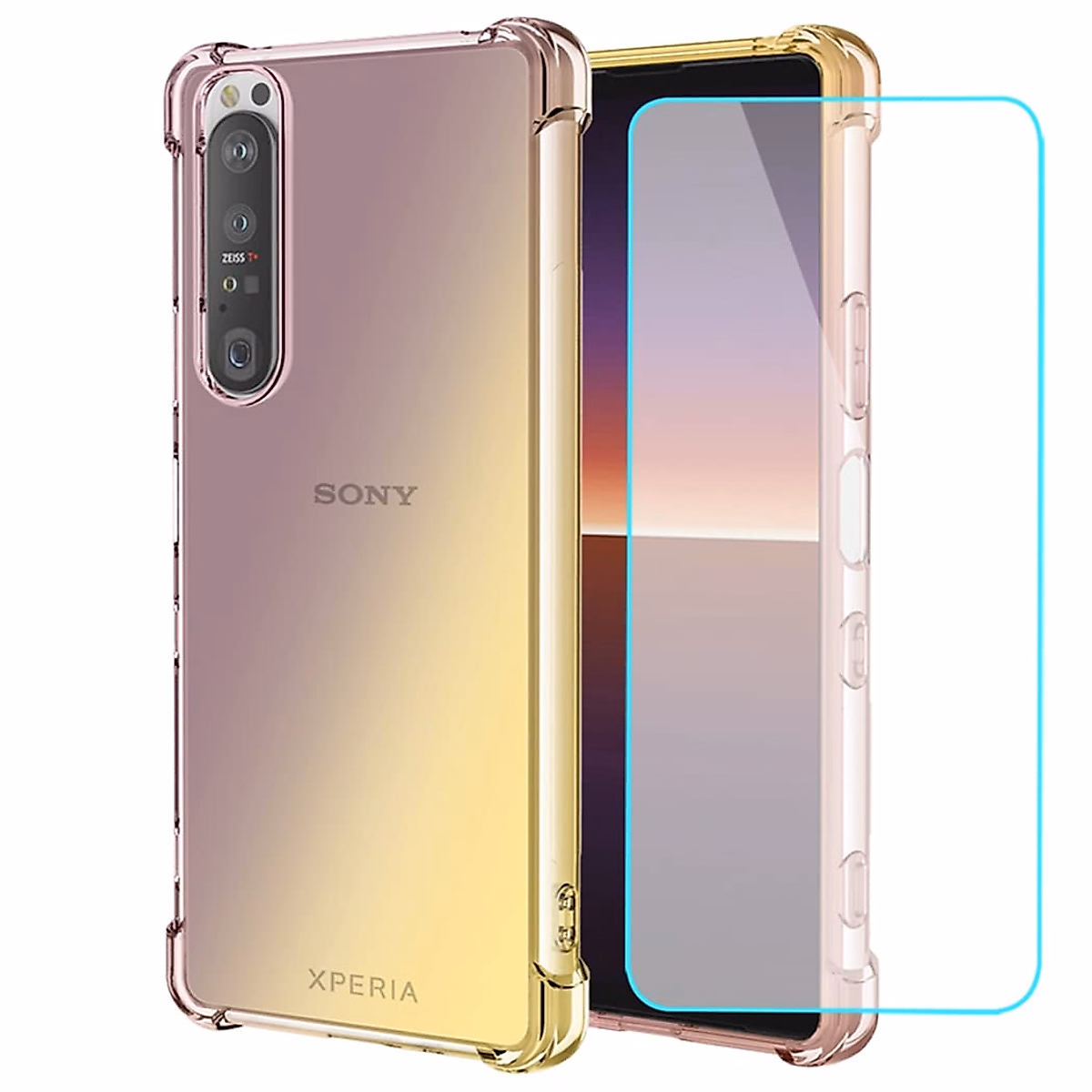 Vokuha for Xperia 1 II Case, XQ-AT51, XQ-AT52 Case with Tempered Glass Screen Protector,Cute Clear Gradient Slim Shockproof TPU Back Phone Protective Cover for Sony Xperia 1 II (Black/Gold)