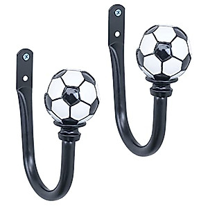 DOITOOL 2pcs U Shaped Metal Hooks with Soccer Ball Metal Hanging Hooks Adhesive Heavy Duty Coat Hooks Wall Decor Hooks for Curtains (Black)