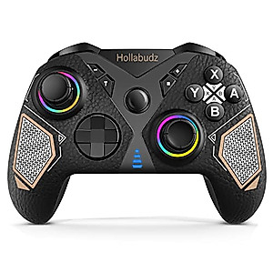 Hollabudz Switch Controller for Nintendo Switch Lite/Switch OLED, Wireless Switch Pro Controller with RGB Light Up, 4 Programmable Keys, Turbo, Vibration, Wake Up Func Switch Remote Assault Dark