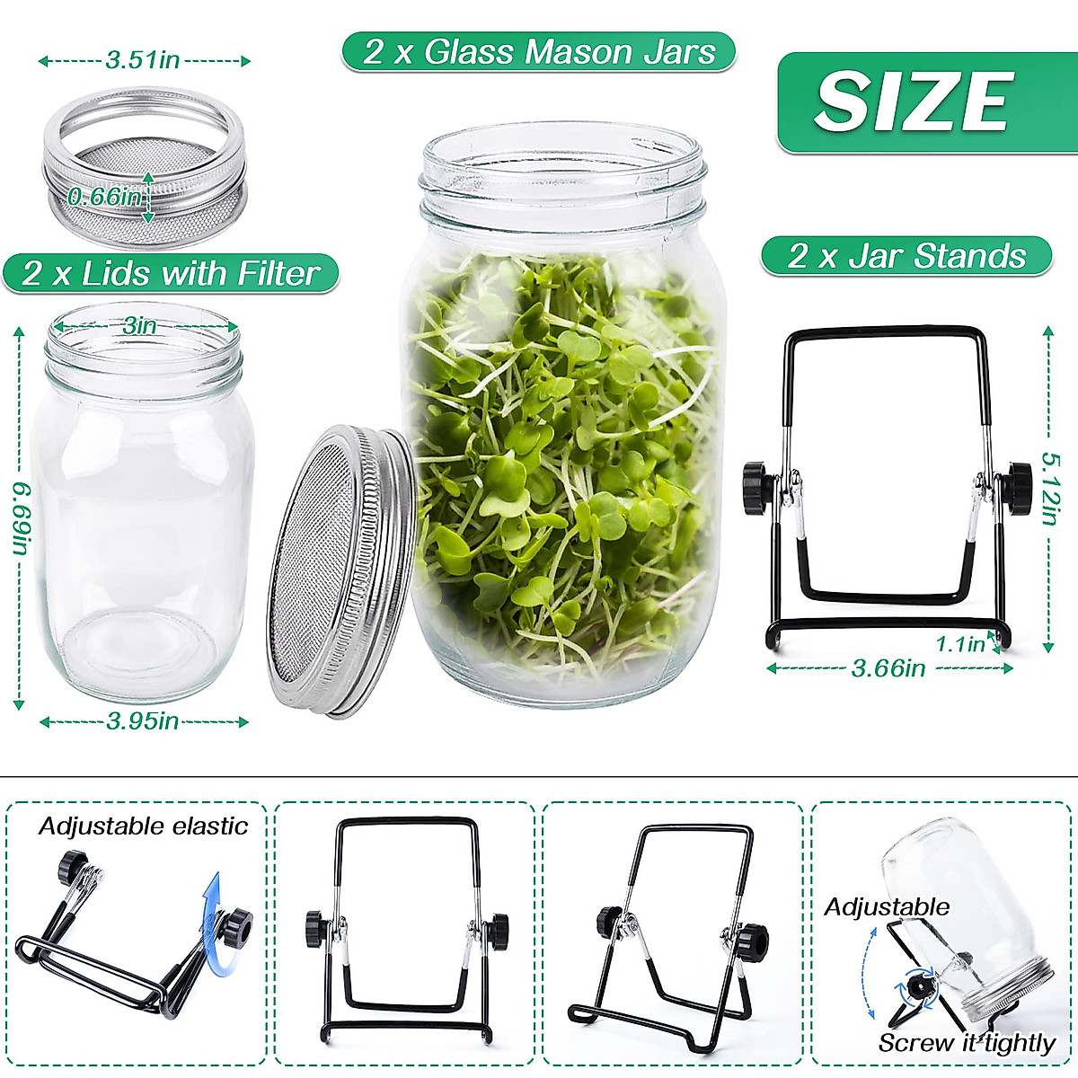 Seed Sprouting Jar Kit with 2 Wide Mouth Mason Jars Bean Sprouts Growing Kit Microgreens Growing Jar with Mesh Screen Lids Sprouter Sprouts Maker for Growing Broccoli, Alfalfa, Mung Bean