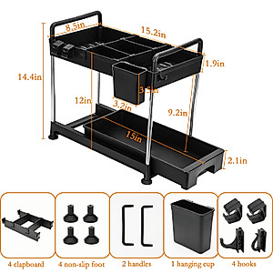 vizoe Under Sink Organizers and Storage 15'' x 8'' x 14'', 2 Tier Sliding Under Sink Storage with Hooks, Hanging Cup, Dividers, Handles, Black Pull Out Cabinet Organizer for Kitchen Bathroom