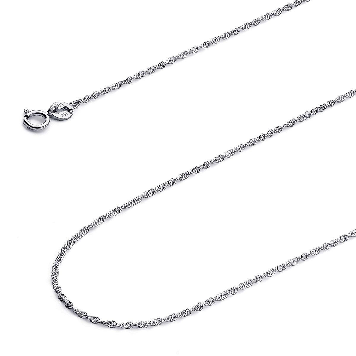 14k REAL White Gold Solid 1mm Singapore Chain Necklace with Spring Ring Clasp - 18"